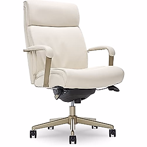 La-Z-Boy Melrose Executive Office, Adjustable High Back Ergonomic Computer Chair with Lumbar Support, Brass Finish, Ivory White Bonded Leather 30D x 25.25W x 40.25H Inch