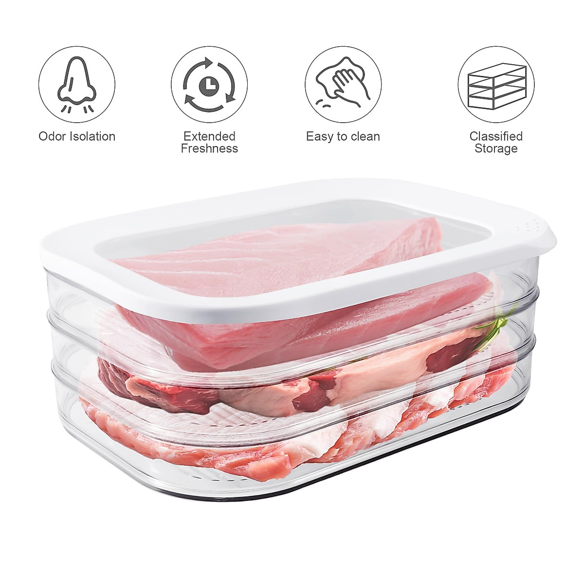 KINGHON Refrigerator Deli Meat Container - Stackable Bacon Holder with Airtight Lid and Serving Tongs - Food Storage Organizer for Cold Cuts, Cheese.