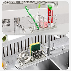 Sponge Holder for Kitchen Sink,304 Stainless Steel Kitchen Sink Organizer Sink Tray Drainer Rack Hanging Adjustable Panel Brush Sink Caddy Soap Holder for Countertop Or Wall Stick with Auto Overflow
