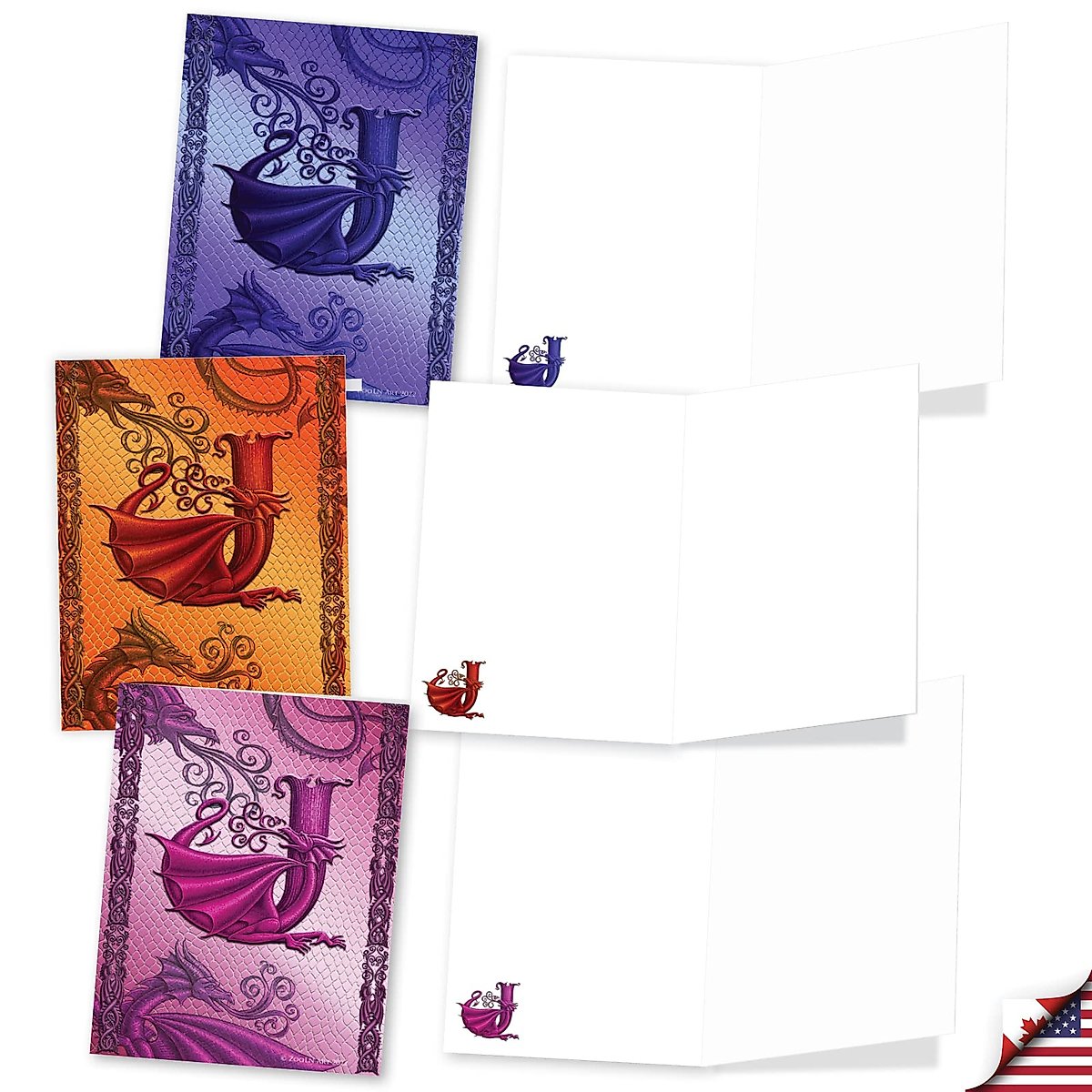 The Best Card Company - 20 Assorted Colored Monogram Blank Notecards, Personal Stationary Bulk Box Set 4 x 5.12 Inch w/Envelopes, Miss you and Just Because Notes - Dragon Initials J AM10319OCB-B2x10