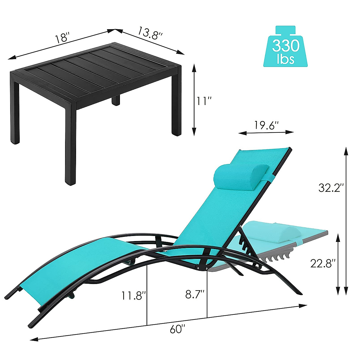 AthLike 3 pcs Poolchairs Patio Chaise Lounge Set with Headrest, 5-Level Adjustable Sunbathing Tanning Poolside Recliner Chairs with Side Table for Outdoor Beach (Black)