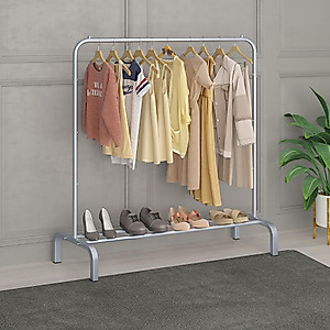 JIUYOTREE Metal Clothing Rack 43.3 Inches Clothes Garment Coat Rack with Bottom Shelf Clothing Rack for Hanging Clothes Coats Skirts Shirts Sweaters Silver Gray