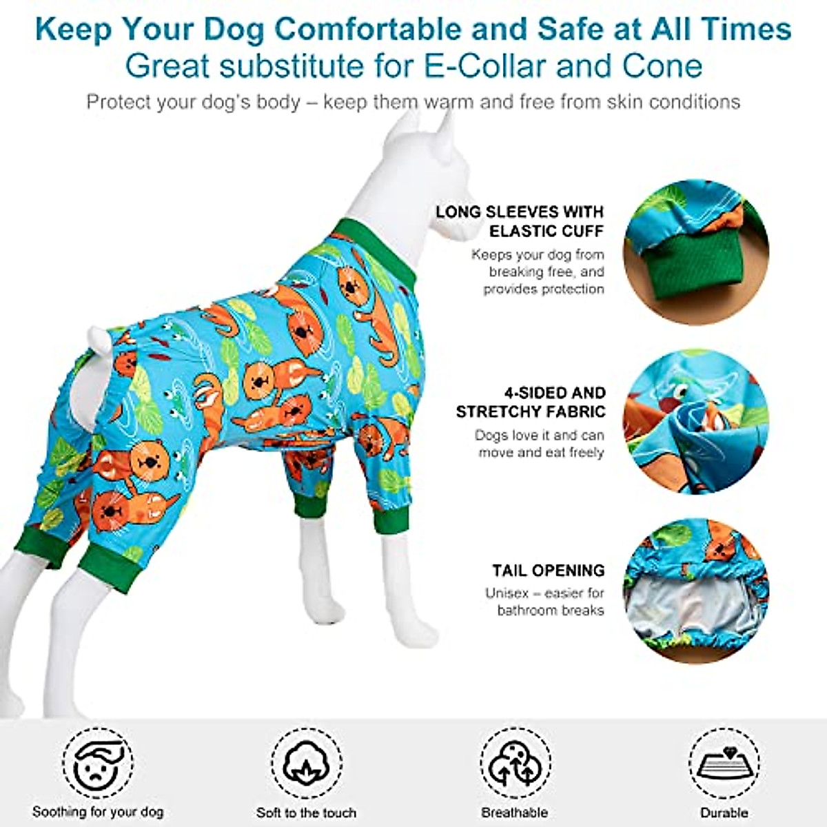 LovinPet Big Dog Jammies for Large Dogs: Lightweight Stretchy Knit Fabric Onesie, Sleeping Otters Print Dog Pajamas, UV Protection, Large Breed Dog Jammies, Pet PJ's/Large