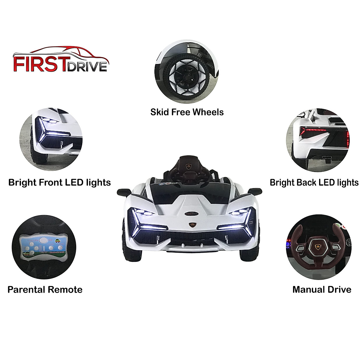 First Drive Lambo Concept 12v Car for Kids to Drive for Boys/Girls - Dual Motor Electric Power Ride on Car with Remote, MP3, Aux Cord, Led Headlights, and Premium Wheel (White)