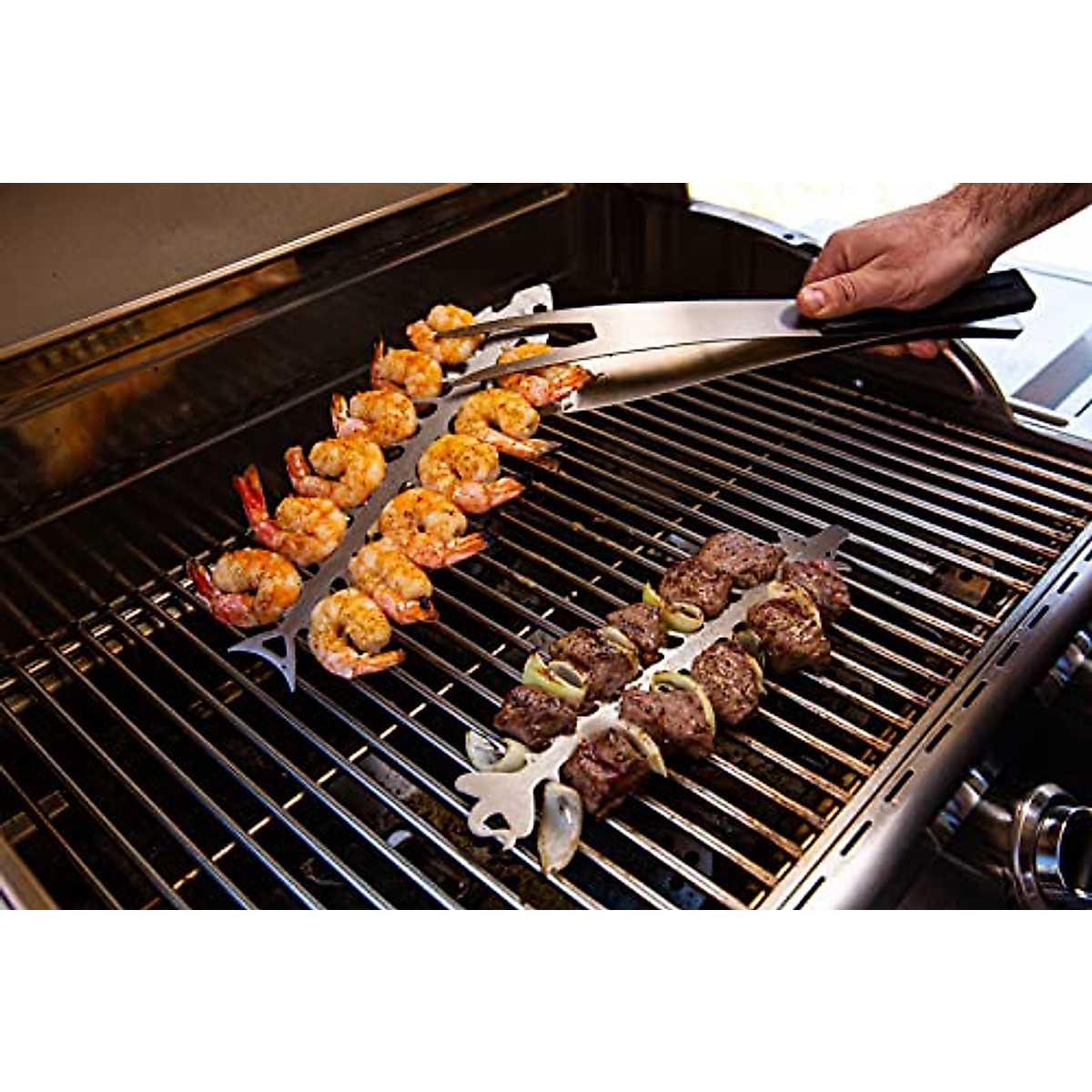 Proud Grill Slide & Serve BBQ Skewers - Set of 4 Stainless Steel Reusable Barbecue Skewers | Ideal for Grilling Shish Kabobs | Use for Beef, Pork, Chicken, Vegetable and Shrimp Kabobs.