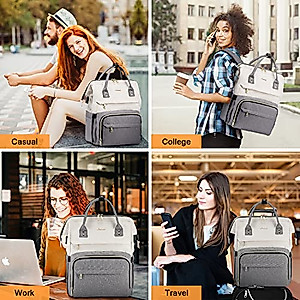 LOVEVOOK Laptop Backpack for Women Fashion Business Computer Backpacks Travel Bags Purse Doctor Nurse Work Backpack with USB Port, Fits 15.6-Inch Laptop Beige Grey