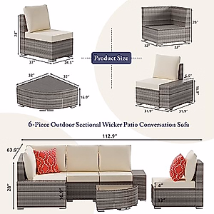 6 Pieces Patio Furniture Sets Outdoor Couch, Modular Rattan Outdoor Sectional Sofa Patio Set, All Weather Pe Wicker Patio Conversation Sets for Lawn, Garden, Backyard, Poolside