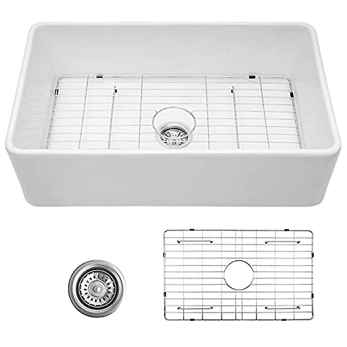 CELAENO 33 Inch White Farmhouse Sink, Single Bowl Ceramic Apron-Front Kitchen Sink, Porcelain Farm Sink with Strainer & Protective Bottom Grid