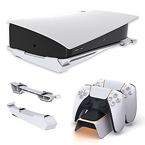 NexiGo PS5 Horizontal Stand with Controller Charger, [Minimalist Design], DualSense Charging Station with Thumb Grip Kit, Compatible with PlayStation 5 Disc & Digital Editions