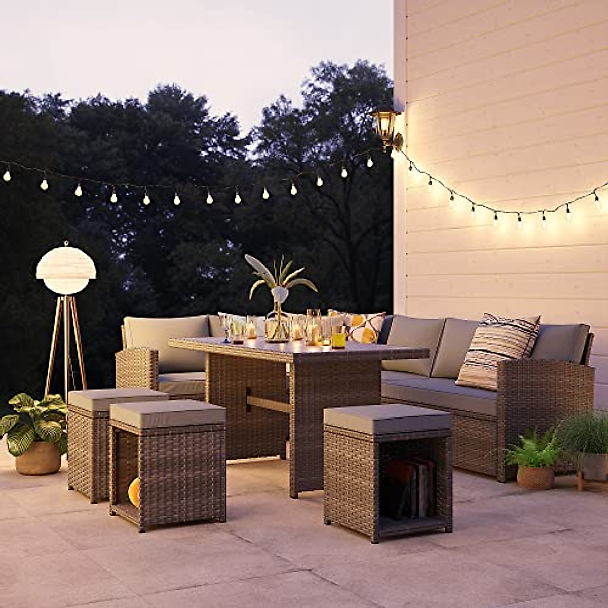 JOIVI Patio Furniture Set, 7 Piece Patio Dining Sofa Set, Outdoor Sectional Sofa Conversation Set All Weather Wicker Rattan Couch Dining Table & Chair with Ottoman, Gray
