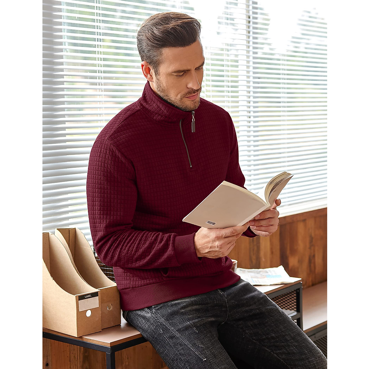 COOFANDY Men 1/4 Zip Polo Sweatshirt Long Sleeve Lightweight Collar Pullovers for Spring Fall Winter Wine Red