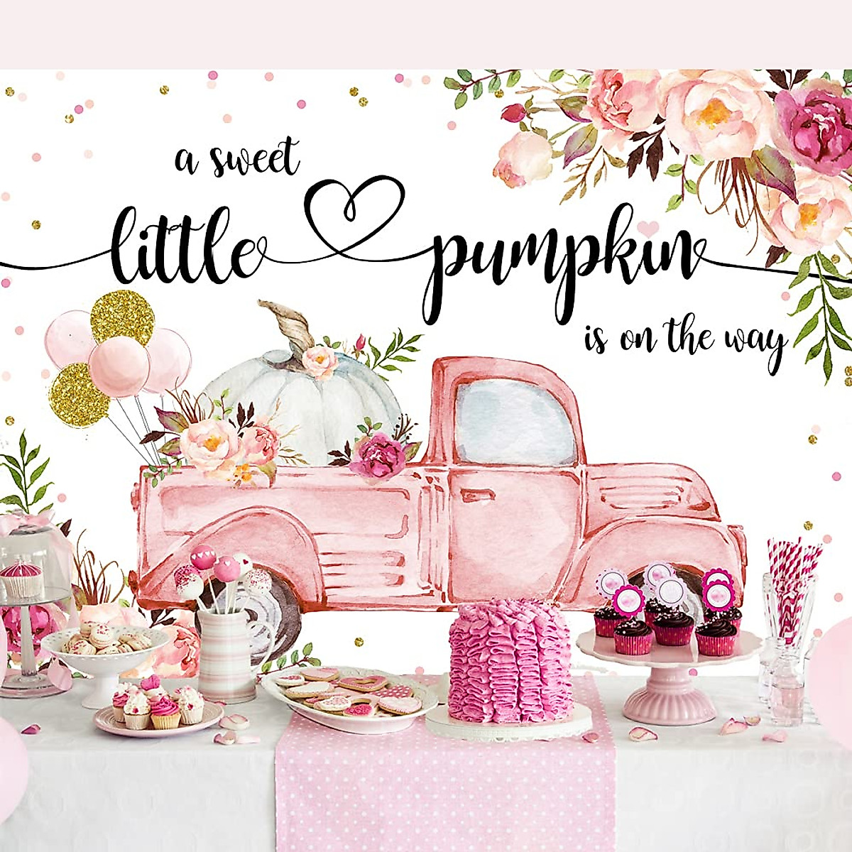 Lofaris Little Pumpkin Girl Baby Shower Photography Backdrops Props Fall Autumn Pink Floral Princess Baby Shower Party Decoration Car Gold Balloon Flowers Photo Studio Booth Background Banner 7x5ft
