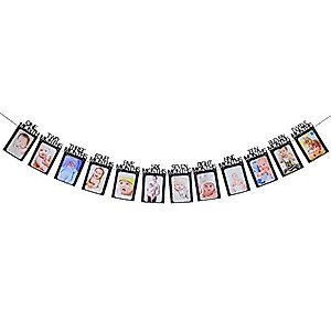 1st Birthday Party Banner, Baby's First Birthday Party Sign Decors, Recording Baby from One-Twelve Month Growth Photo Booth Supplies - Black Color