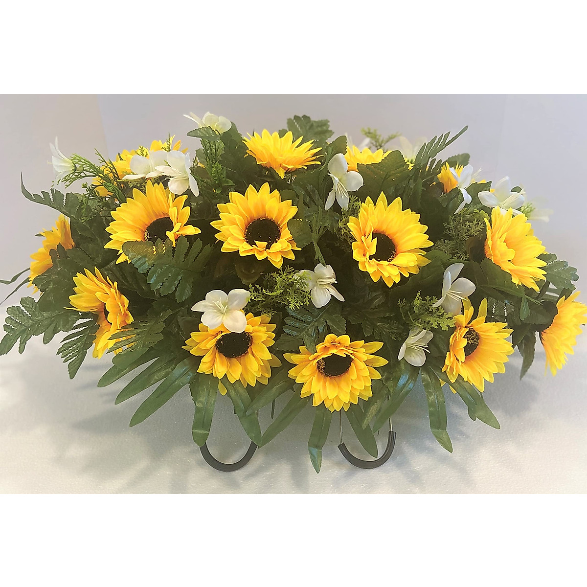 Cemetery Headstone Saddle Arrangement with Yellow Sunflowers and White Daisies-Grave Decoration