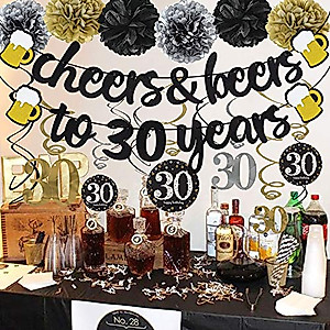 30 Years Anniversary Decorations - Cheers & Beers to 30 Years Banner with Pom Poms 30th Sparkling Hanging Streamers for 30th Birthday Wedding Party Supplies Decorations - PRESTRUNG