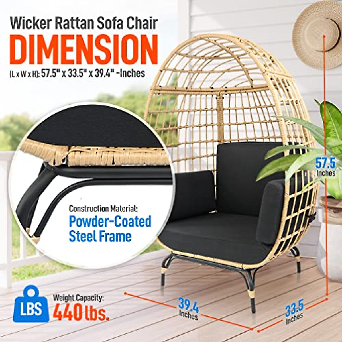 Wicker Rattan Egg Chair, Indoor Outdoor Black Sofa Chair for Patio Backyard and Living Room with 4 Cushions and Powder Coated Steel Frame, Woven Texture Contemporary Ribbed Back Design