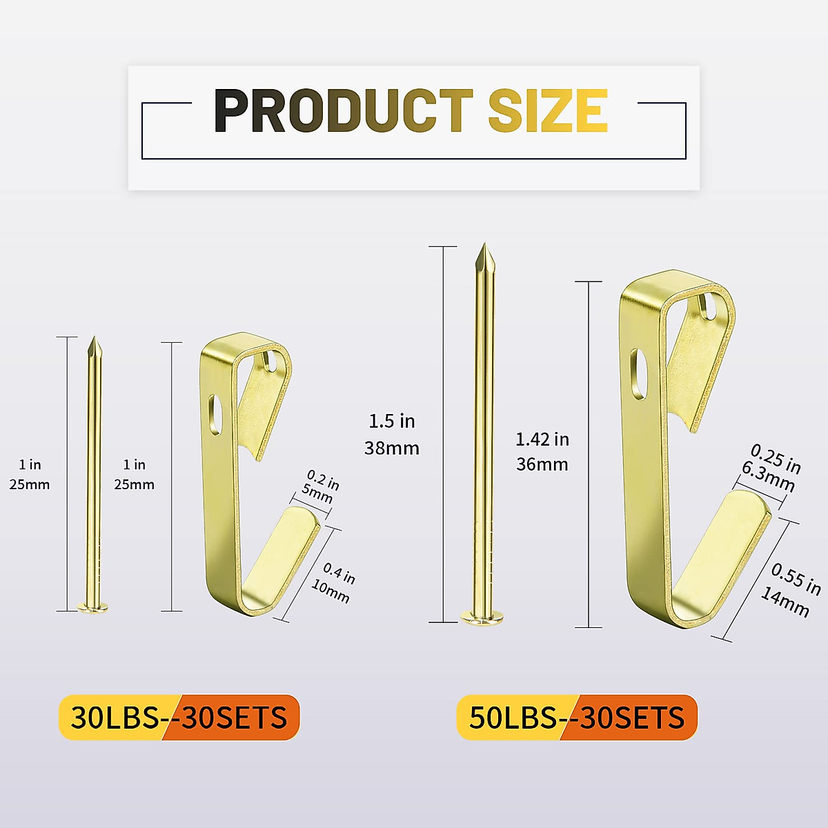 120PCS Wall Picture Hangers, Hoedia Picture Hanging Kit with Heavy Duty Hooks and Nails - 50LBS+30LBS, Gold