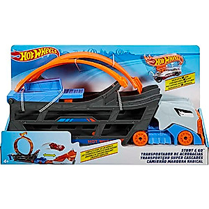 Hot Wheels Stunt & Go Track Set with 1 Toy Car, Transforming Hauler Truck with Launcher, Stores 18 1:64 Scale Cars [Amazon Exclusive]