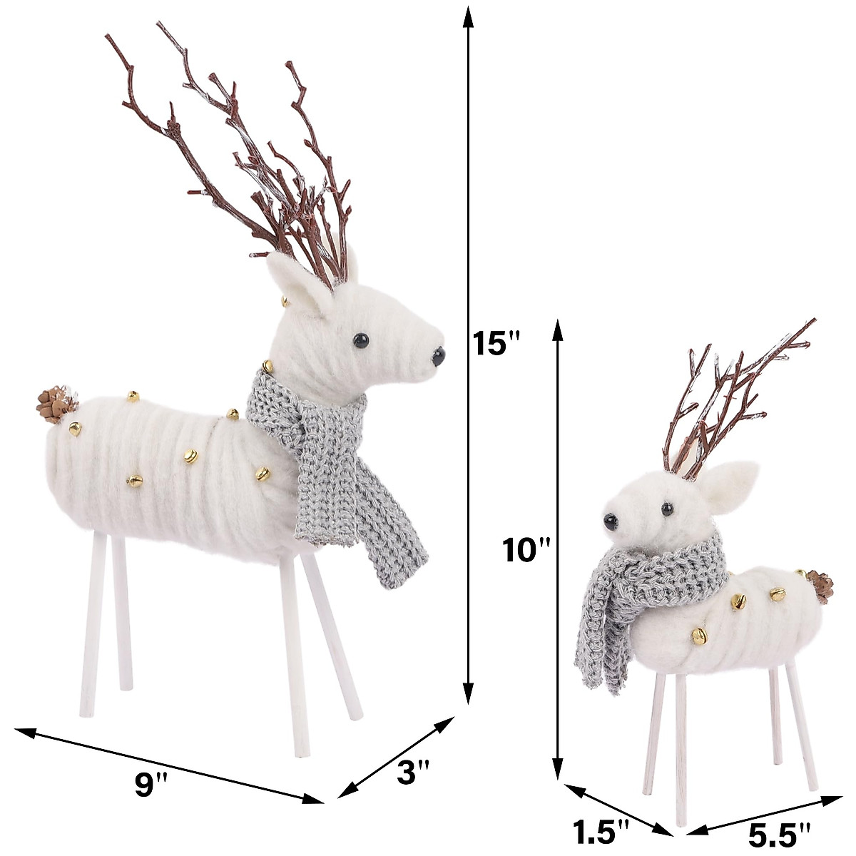 winemana 2 Pcs Plush Fabric White Figurines Reindeer with Scarf Bells Christmas Table Ornaments, Tabletop Standing Deer Christmas Decorations for Home Kitchen Centerpieces Xmas Winter Holiday Party