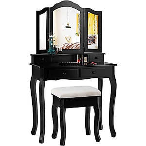 RIVALLYCOOL 2-in-1 Vanity Table Set, Multipurpose Dressing Desk Set with 4 Drawers Tri-Folding Mirror, Cushioned Stool, Wood Table with with Modern Shape, Bedroom Bathroom Makeup Table (Black)