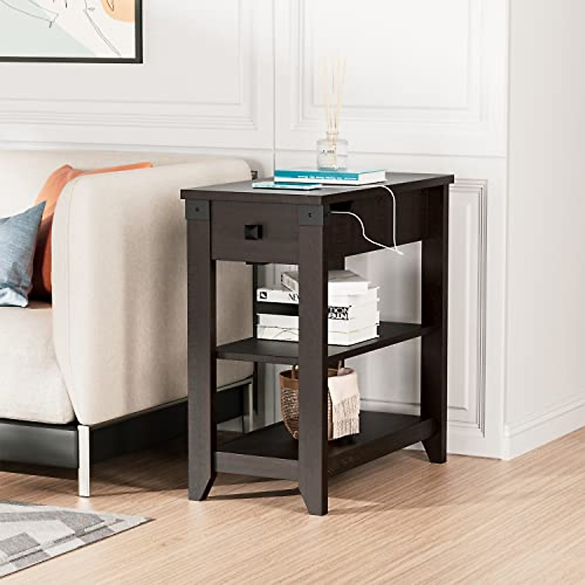 Narrow End Table with Charging Station, Flip Top Sofa Side Table with USB Ports and Outlets Farmhouse Nightstand with Storage Small Bedside Table for Bedroom Living Room Small Space