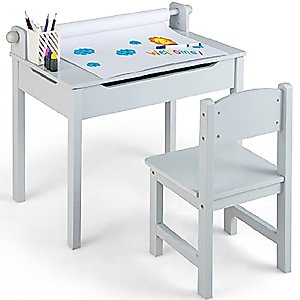 INFANS Kids Table and Chair Set with Paper Roll, Wooden Lift-top Desk for Toddler Writing Drawing Reading Craft Art, Children Furniture Activity Table Set for Nursery Daycare Playroom (Grey)