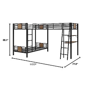 GLORHOME Twin-Over-Twin Metal L-Shaped Triple Bunk Bed with a Twin Size Loft Bed and Desk and Shelf, Space Saving Bedroom Furniture for Kids Teens, Brown