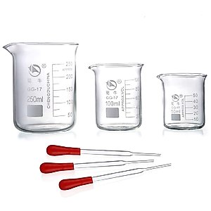 Young4us Glass Beakers, Pack of 6 Low Form Glass Measuring & Glass Droppers Set, 3 Graduated Griffin Beakers in 3 Sizes with Scales, 250ml, 100ml, 50ml, 3 Glass Droppers Without Scales (3ml per Drop)