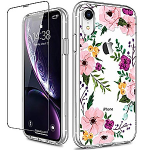 GiiKa iPhone XR Case with Screen Protector, Clear Heavy Duty Protective Case Floral Girls Women Shockproof Hard PC Back Case with Slim TPU Bumper Cover Phone Case for iPhone XR, Small Flowers