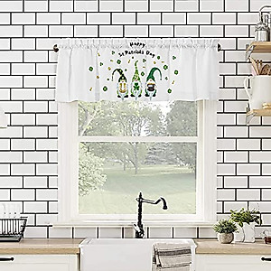 Bilagawa Valance Curtains Happy St Patricks Day Clover Dwarf Gold White Linen Texture Kitchen Valance Rod Pocket Window Treatments for Kitchen Bathroom Bedroom 42x12 Inch