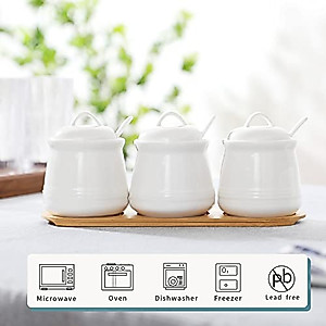 HAOTOP Porcelain Condiment Jar 3 Pack Set with Tray, 12 Ounces White