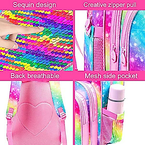 AGSDON 4PCS Kids Backpacks for Girls, 16" Little Kid Unicorn Sequin Elementary School Bookbag and Lunch Box - Pink
