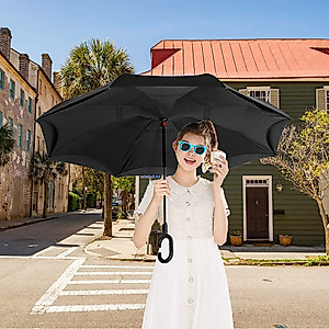 LANBRELLA Umbrella No Drip Umbrella Double Layer Inverted Umbrella C Shaped Handle Windproof Compact Folding - Black