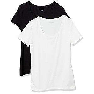 Amazon Essentials Women's Classic-Fit Short-Sleeve Scoop Neck T-Shirt (Available in Plus Size), Pack of 2, Black/White, Large