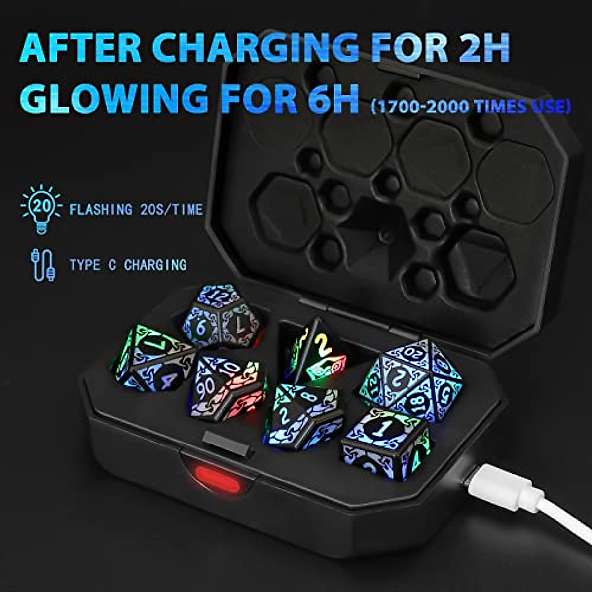 DND Dice Rechargeable with Charging Box, Light up Dice 7 PCS LED Electronic Dices, Dungeons and Dragons Dice Polyhedral Dice Sets for Tabletop Games ZHOORQI D&D Dice Role Playing Game (3 Color Light)