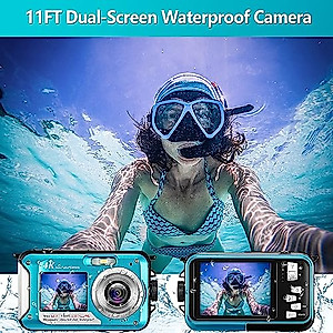 4K Waterproof Camera 11FT Underwater Camera with 32GB Card 48MP Autofocus Selfie Dual-Screen Underwater Cameras for Snorkeling, Waterproof Compact Digital Camera 1250mAh Battery（Blue）