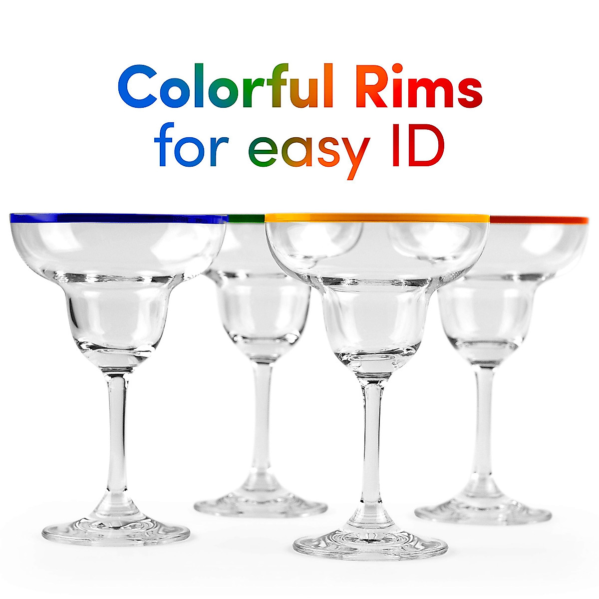 10 oz Margarita Cocktail Glasses + Colorful Party Rims | Set of 4 | Classic Frozen Drinks Stemware + Fun Cactus Gift Box | Thick Stem, Heavy Duty, Clear Hand Blown Glassware Drinking Set