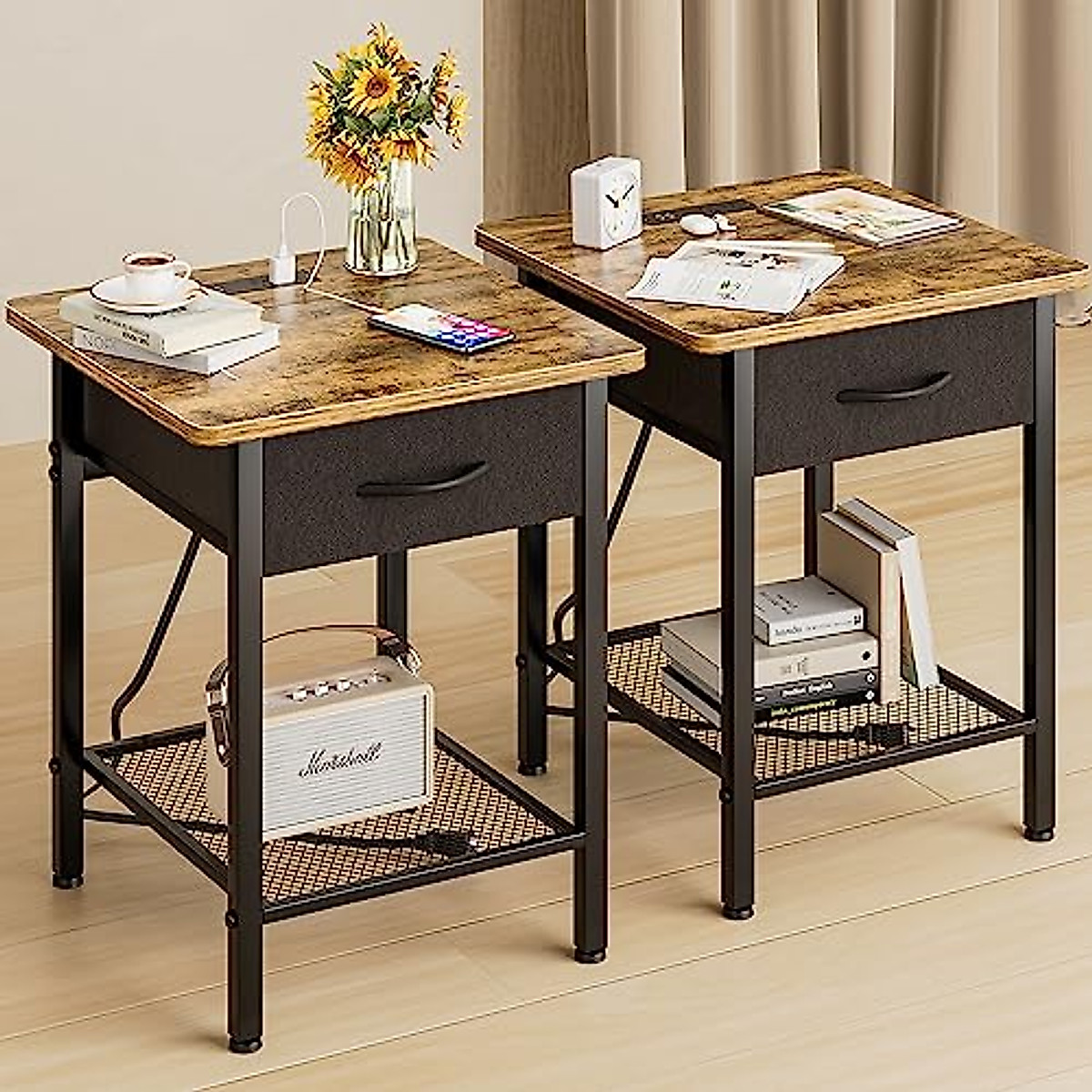 GYIIYUO Nightstands Set of 2 with Charging Station and Fabric Storage Drawer,16.5" x 15.8" Side Table with Storage for Bedroom, Bedside Tables with Steel Fram, Rustic Brown and Black