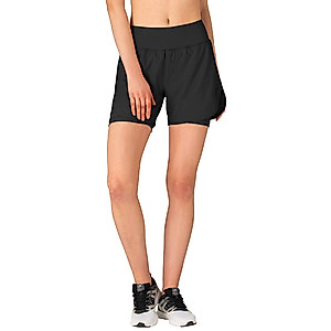 Gopune Women's 2 in 1 Running Shorts Workout Athletic Gym Yoga Shorts with Phone Pockets Black,XL