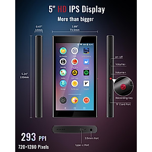 Pecsu MP3 Player with Bluetooth and WiFi 5 inch MP3 Player for Kids with Parental Controls,Supports APP Store,Fm Radio,Browser,Spotify Music Player,YouTube,Voice Recorder Supports up to 1TB(G5)