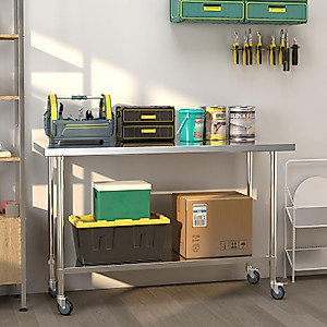 Goplus Stainless Steel Table with Wheels, 60” x 24” Rolling Kitchen Prep Table Work Table with Height Adjustable Under Shelf, Footpads, 900LBS Capacity, Food Prep Metal Table for Commercial Kitchen
