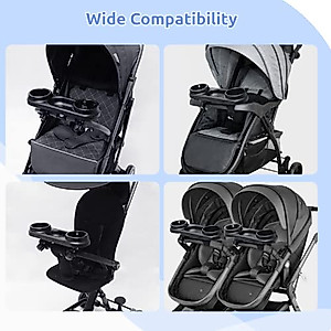 Stroller Snack Tray for 1.8" Flat Handrail Tubes, 3 in 1 Stroller Snack Attachment with Cup Holder, Multifunctional Stroller Organizer with Removable Non-Slip Grip Clip for Stroller Bumper Bars