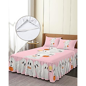 AMZRicher Halloween Wrap Around Pleated Bed Skirts for Queen Bed 60x80, Decorative Dust Ruffle Bed Sheet & Bedskirt 18'' Drop Bedspread with Pillow Case 20x30 White Ghost Pumpkin Blush Pink