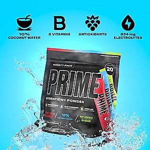 PRIME HYDRATION+ Sticks VARIETY PACK | Hydration Powder Single Serve Sticks | Electrolyte Powder On The Go | Low Sugar | Caffeine-Free | Vegan | 20 Sticks