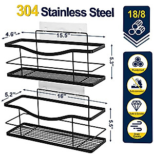 AOZITA 2 Pack, Large Adhesive Shower Caddy Shelves with 8 Hooks - Wall Hanging Bathroom Organizer Basket for Shower Room - Shower Racks for Inside Shower Storage - SUS304 Stainless Steel, Matte Black