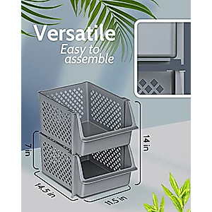Skywin Plastic Stackable Storage Bins for Pantry - Stackable Bins For Organizing Food, Kitchen, and Bathroom Essentials (Light Grey, 2-Pack)