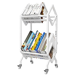 VEDECASA Bookshelf Book Cart Rack Industrial Metal Bookcase 2 Tier Holder with Wheels Modern Stylish Design Magazines Files Album Recipe Book Storage Organizer for Sofa End Bed Beside