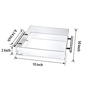 KINSONG Clear Acrylic Serving Tray 10x10 Inch,Silver Handle Breakfast Decorative Trays for Ottoman Coffee Table