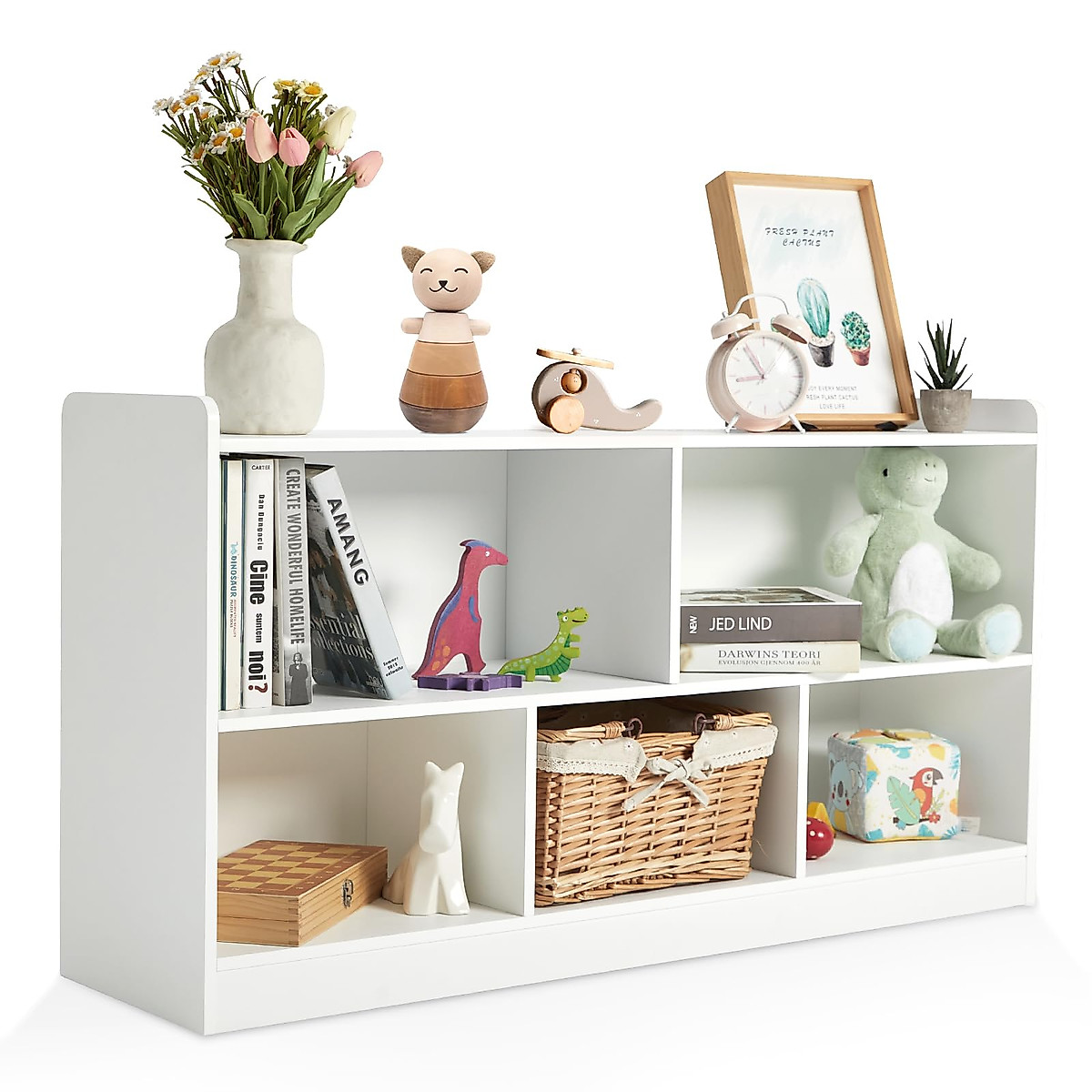 PTINFLUCE Montessori Shelf, Wooden Toy Storage Organizer for Books Toys, 2 Shelf Bookcase, 5-Section Storage Cabinet, Toddler Book Shelf for Kids Rooms, Playroom, Nursery, Kindergarten