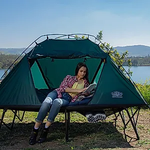 Kamp-Rite Double CTC Compact Quick Setup 2 Person Tent Cot, Chair and Tent with Rain Fly, 600 D Roller Wheeled Carry Bag & 190T Carry Bag, Green